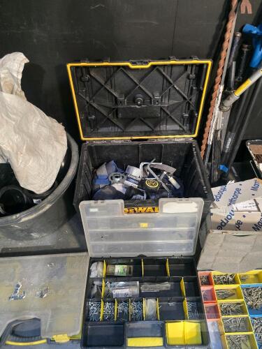A box of ceramic wall tiles, a Dewalt tool box, 3 tac boxes of screws etc, a Stanley FatMax ...